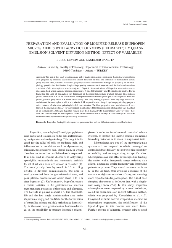 Pdf Preparation And Evaluation Of Modified Release Ibuprofen Microspheres With Acrylic