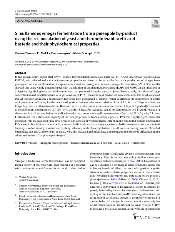 (PDF) Simultaneous vinegar fermentation from a pineapple by-product using the co-inoculation of ...