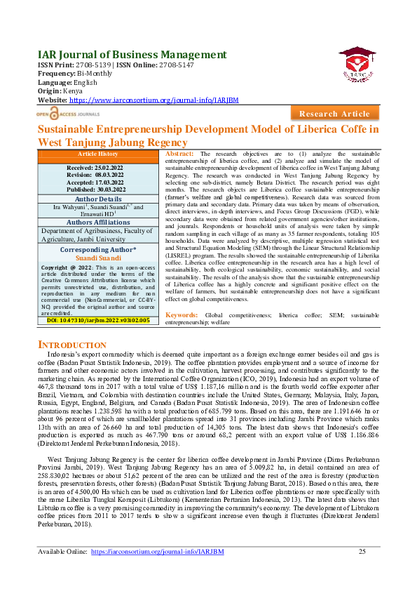 (PDF) Sustainable Entrepreneurship Development Model of Liberica Coffe ...