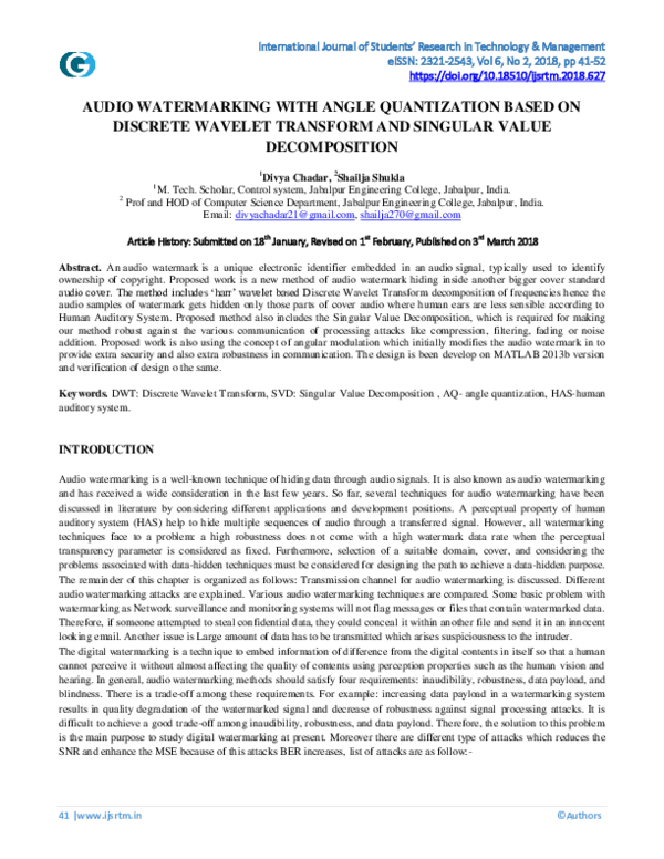 (PDF) Audio Watermarking with Angle Quantization Based on Discrete Wavelet Transform and ...