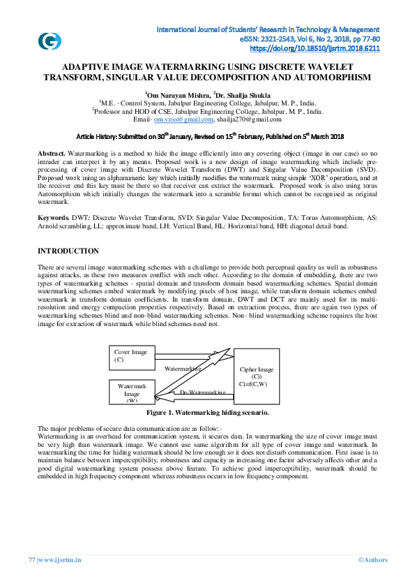 (PDF) Adaptive Image Watermarking Using Discrete Wavelet Transform, Singular Value Decomposition ...