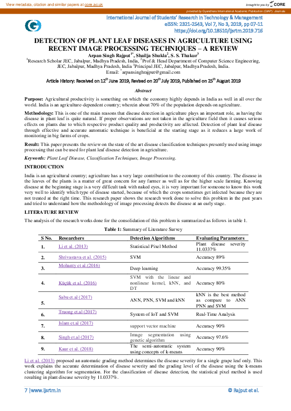 (PDF) Detection of Plant Leaf Diseases in Agriculture Using Recent Image Processing Techniques ...