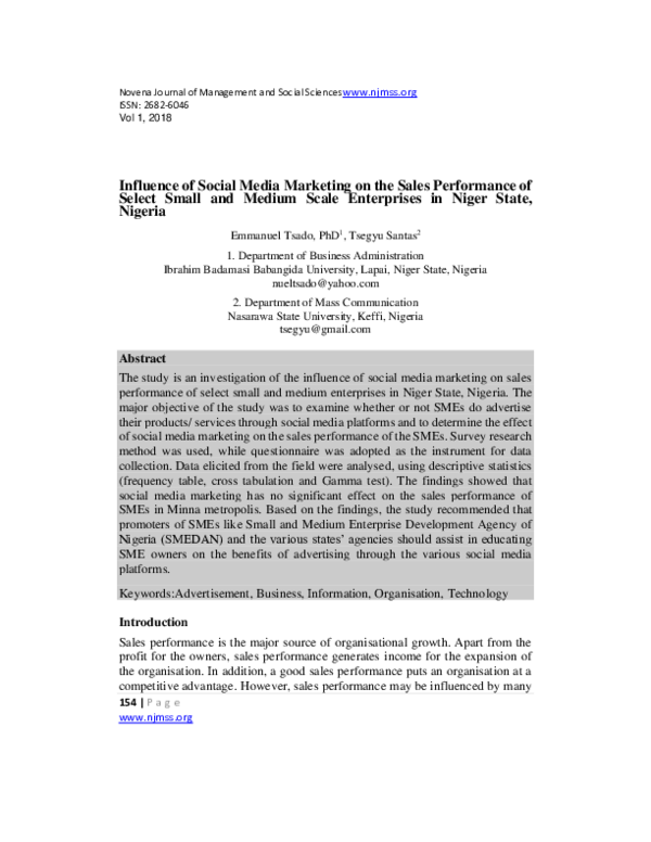 (PDF) Influence of Social Media Marketing on the Sales Performance of Select Small and Medium ...