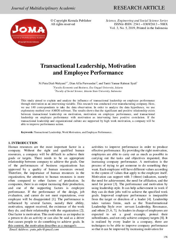 (PDF) Transactional Leadership, Motivation and Employee Performance (PDF) Transactional Leadership, Motivation and Employee Performance