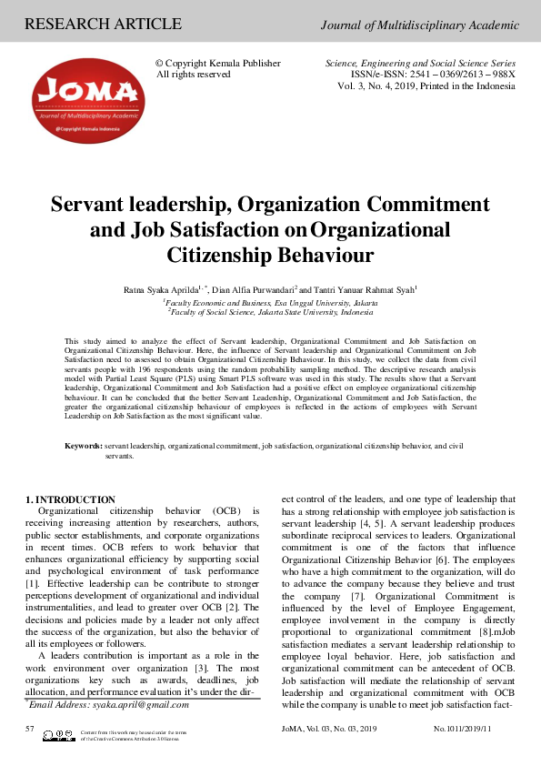 (PDF) Servant Leadership, Organization Commitment and Job Satisfaction on Organizational ...