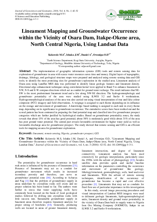 (PDF) Lineament Mapping and Groundwater Occurrence within the Vicinity of Osara Dam, Itakpe ...