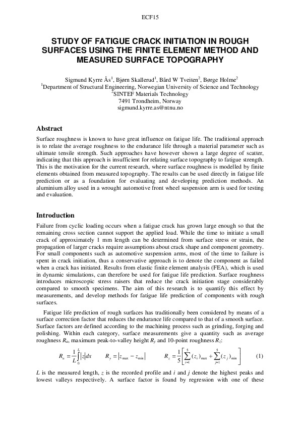 (PDF) Study of fatigue crack initiation in rough surfaces using the finite element method and ...
