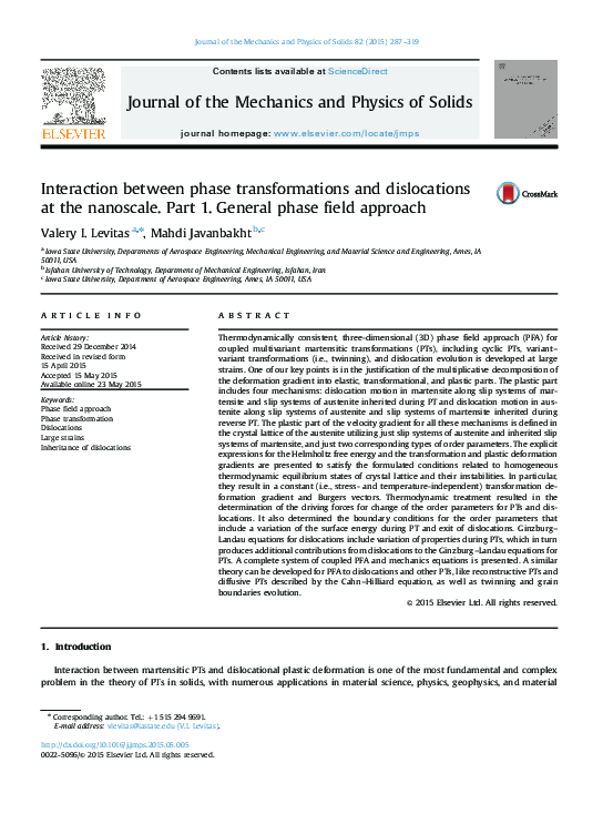 (PDF) Interaction between phase transformations and dislocations at the nanoscale. Part 1 ...