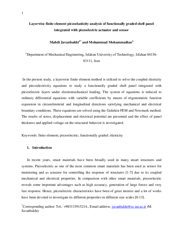 Pdf Layerwise Finite Element Piezoelasticity Analysis Of Functionally
