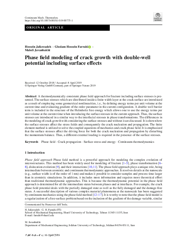 (PDF) Phase field modeling of crack growth with double-well potential including surface effects ...