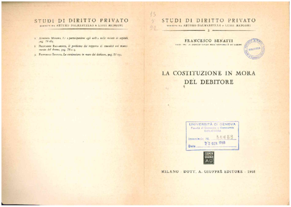 (PDF) Francesco Benatti, La costituzione in mora del debitore (Milano ...