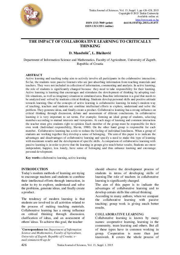 Pdf The Impact Of Collaborative Learning To Critically Thinking