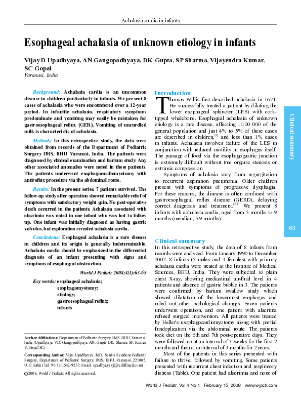 (PDF) Esophageal achalasia of unknown etiology in infants