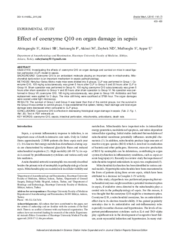 (PDF) Effect of coenzyme Q10 on organ damage in sepsis | Dilara Zeybek ...