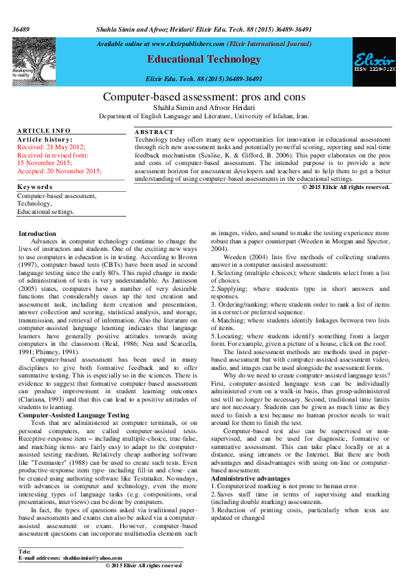 (PDF) Computer-based assessment: pros and cons | afrooz heidari ...