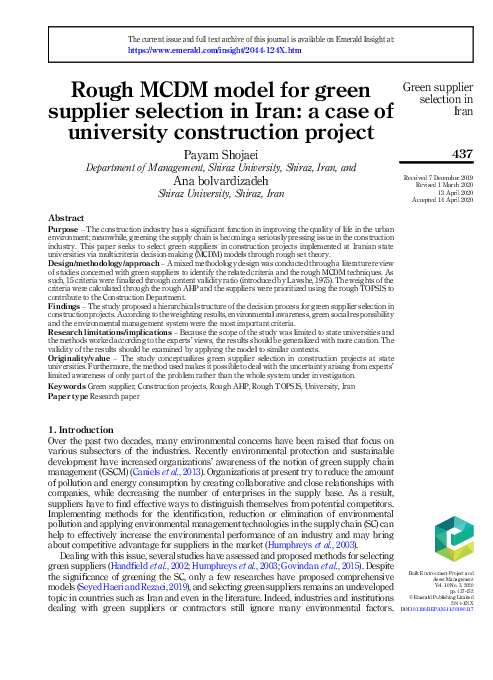 (PDF) Rough MCDM model for green supplier selection in Iran: a case of ...