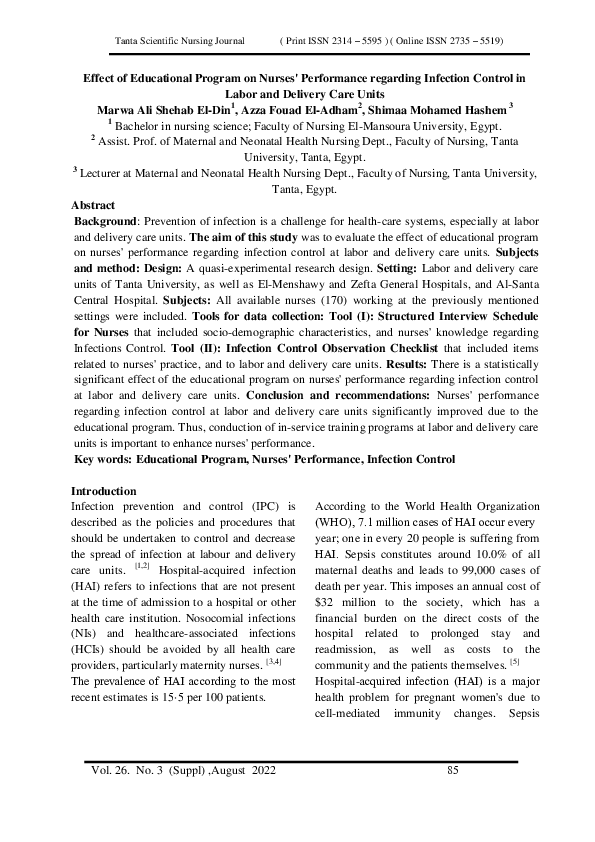 (PDF) Effect of Educational Program on Nurses' Performance regarding Infection Control in Labor ...