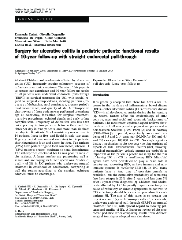 (PDF) Surgery for ulcerative colitis in pediatric patients: functional ...