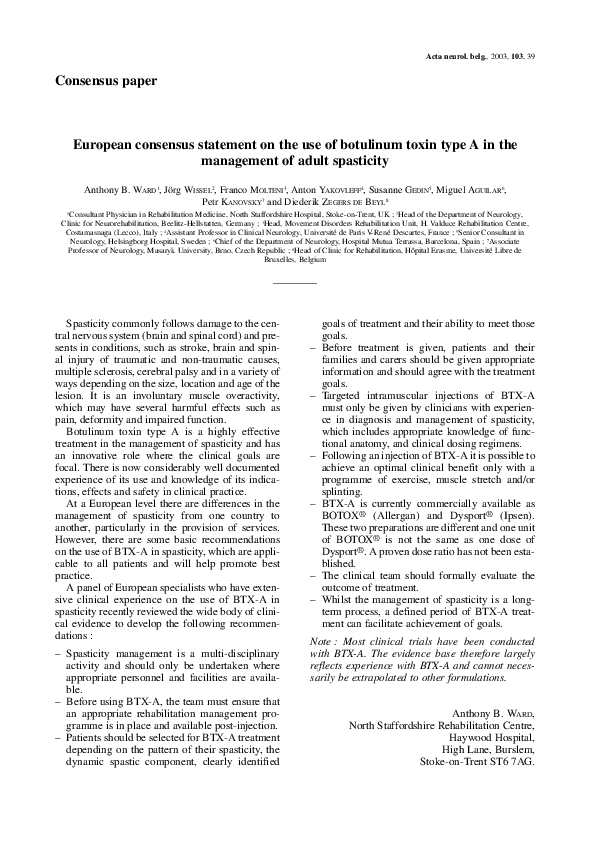 (PDF) European consensus statement on the use of botulinum toxin type A ...