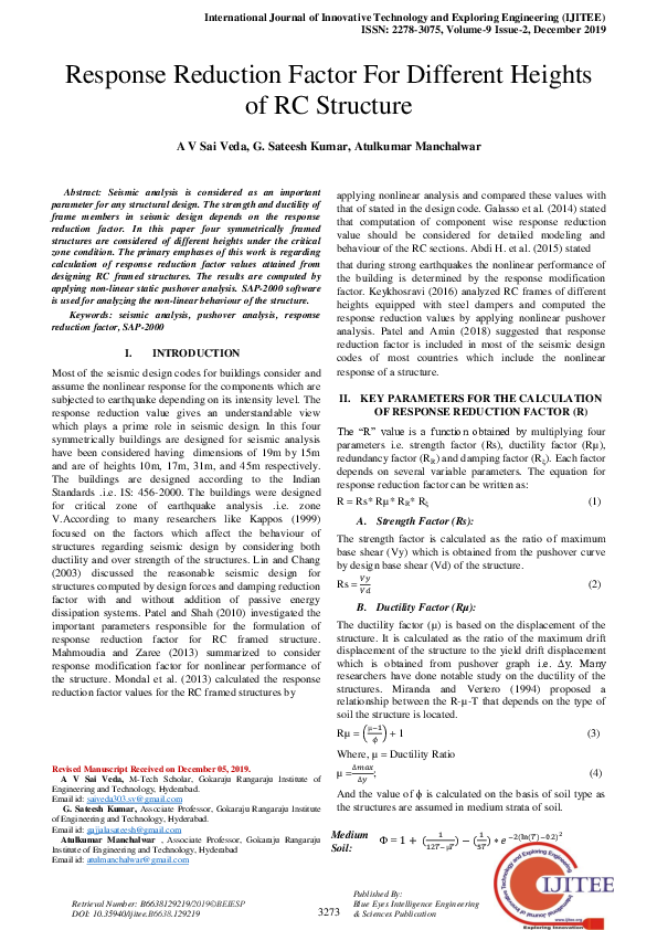 Pdf Response Reduction Factor For Different Heights Of Rc Structure