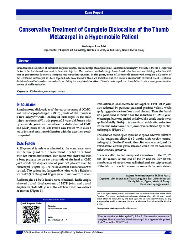 (PDF) Conservative treatment of complete dislocation of the thumb ...