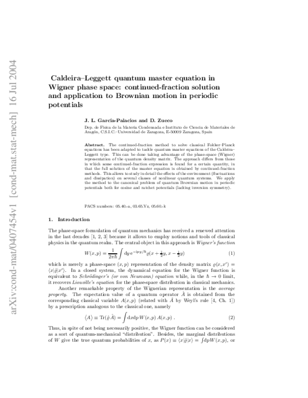 (PDF) The Caldeira–Leggett quantum master equation in Wigner phase ...