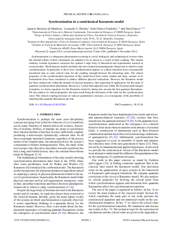(PDF) Synchronization in a semiclassical Kuramoto model