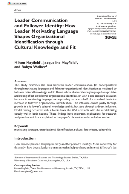 (PDF) Leader Communication and Follower Identity: How Leader Motivating ...