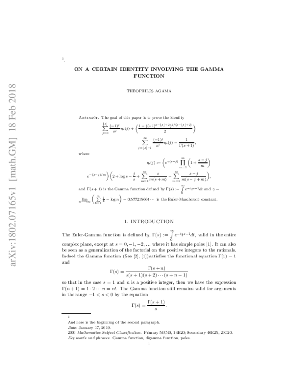(PDF) On a Certain Identity Involving the Gamma Function
