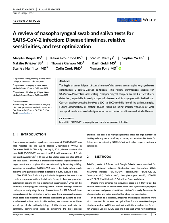 (PDF) A review of nasopharyngeal swab and saliva tests for SARS‐CoV‐2 ...