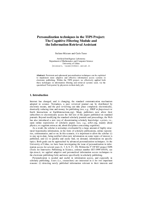 (PDF) Personalization techniques in the tips project: The cognitive ...