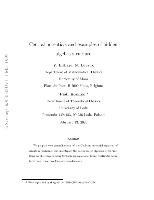 (PDF) Central Potentials and Examples of Hidden Algebra Structure