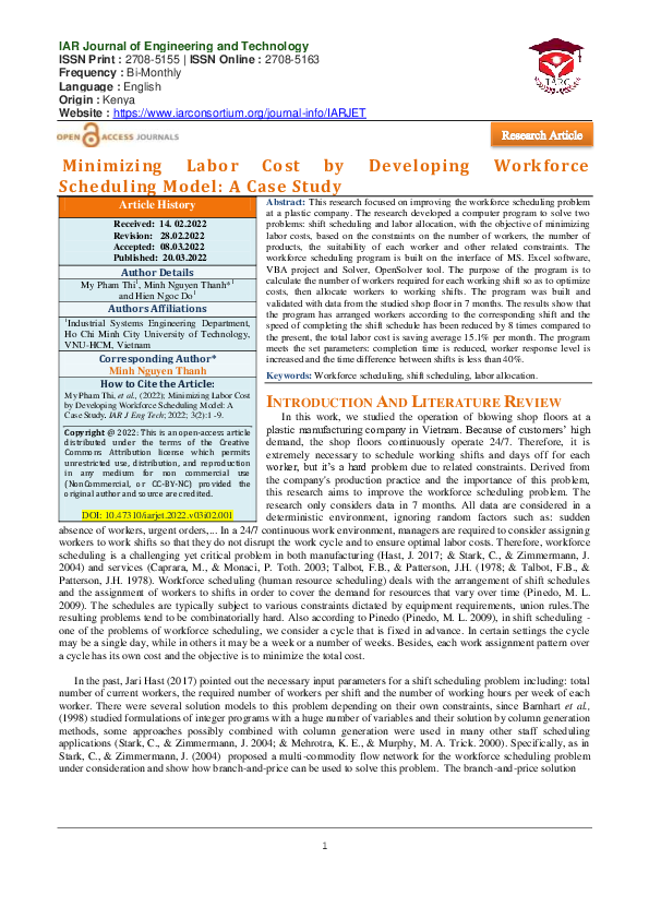 (PDF) Minimizing Labor Cost by Developing Workforce Scheduling Model: A Case Study