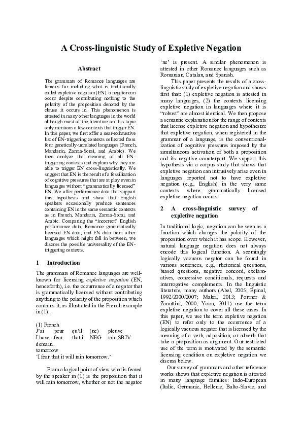 (PDF) A cross-linguistic study of expletive negation