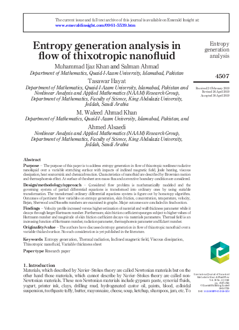 Pdf Entropy Generation Analysis In Flow Of Thixotropic Nanofluid