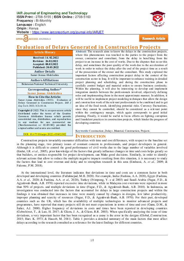 (PDF) Evaluation of Delays Generated in Construction Projects