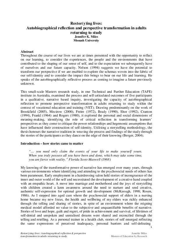 (PDF) Restor (y) ing lives: Autobiographical reflection and perspective ...
