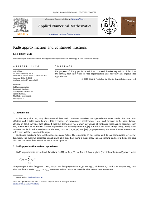 (PDF) Padé approximation and continued fractions