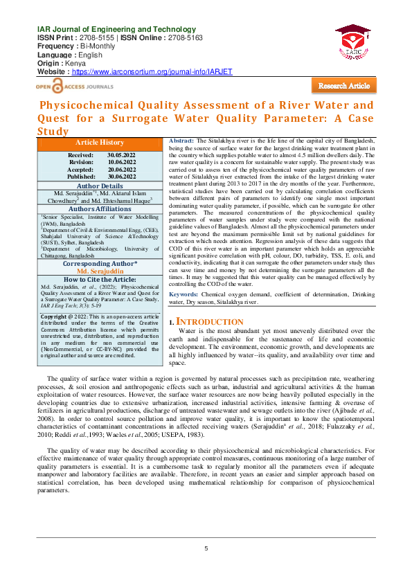 (PDF) Physicochemical Quality Assessment of a River Water and Quest for a Surrogate Water ...