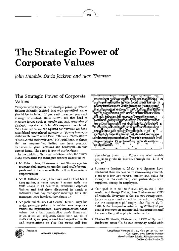 (PDF) The strategic power of corporate values