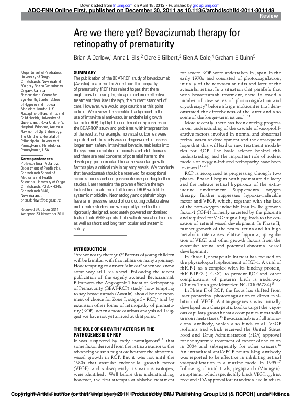 (PDF) Are we there yet? Bevacizumab therapy for retinopathy of prematurity