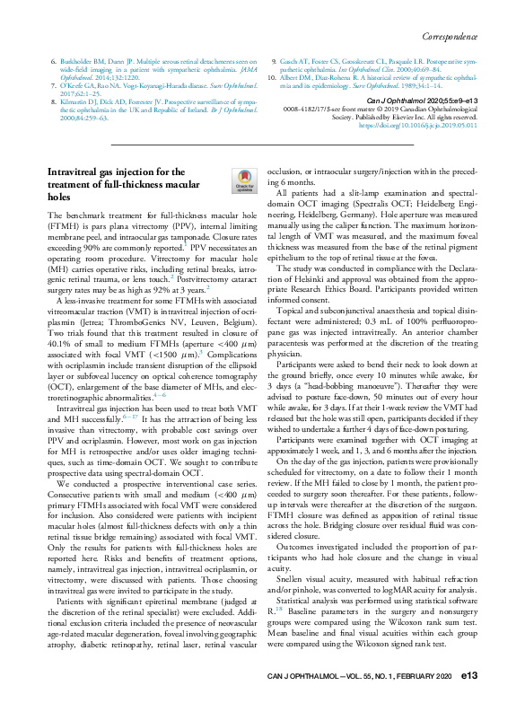 Pdf Intravitreal Gas Injection For The Treatment Of Full Thickness Macular Holes