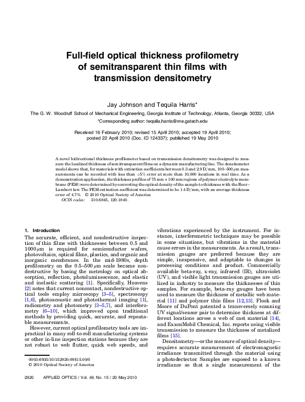 (PDF) Full-field optical thickness profilometry of semitransparent thin ...