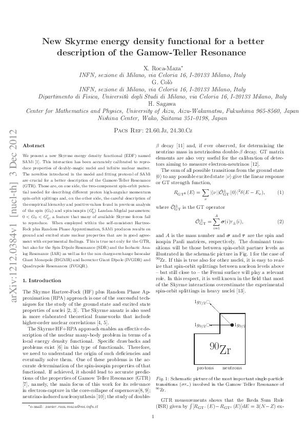(PDF) New Skyrme energy density functional for a better description of the Gamow–Teller resonance