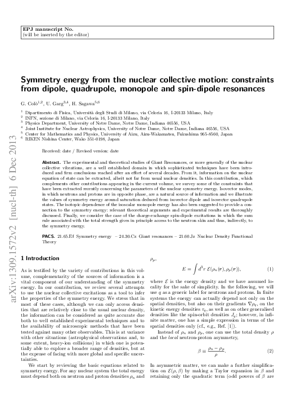(PDF) Symmetry energy from the nuclear collective motion: constraints ...
