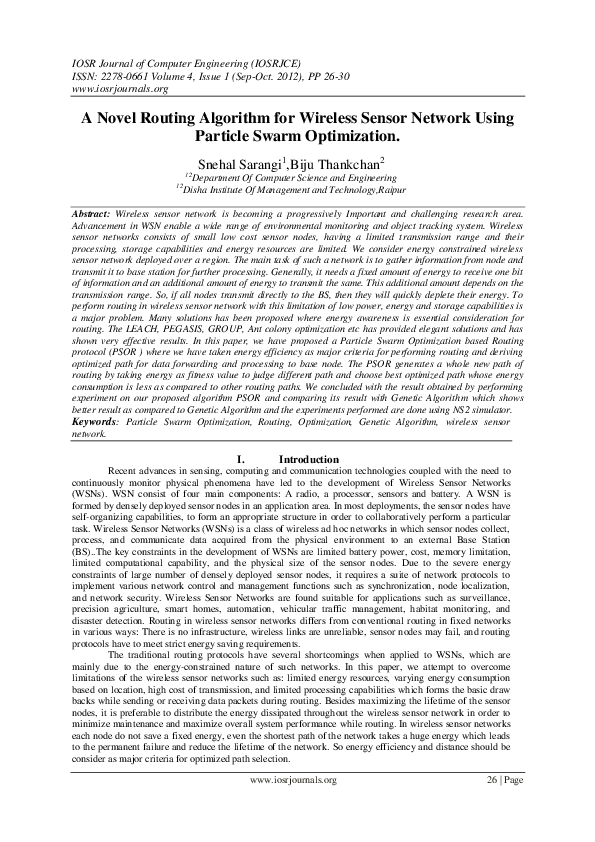 (PDF) A Novel Routing Algorithm for Wireless Sensor Network Using Particle Swarm Optimization