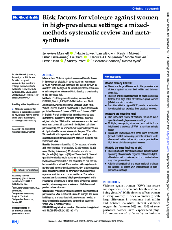 (PDF) Risk factors for violence against women in high-prevalence ...
