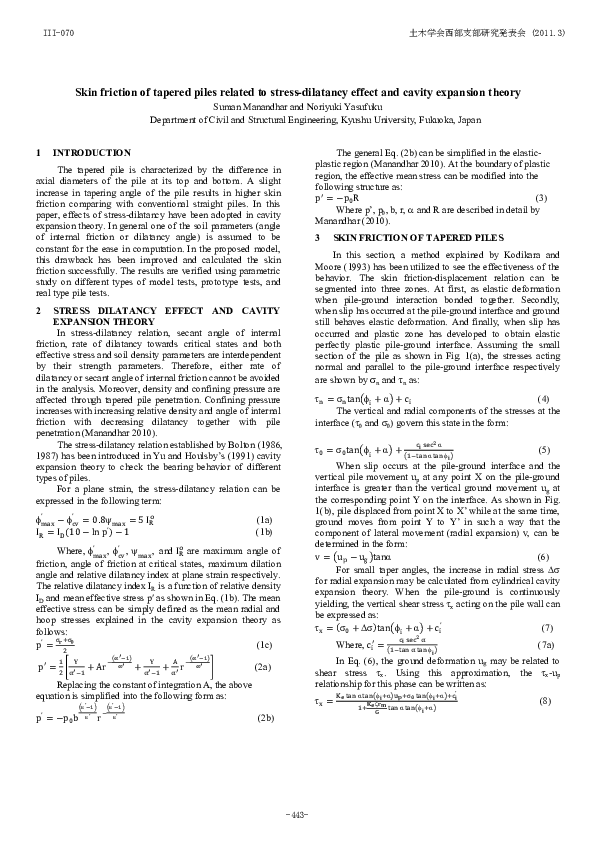 Pdf Skin Friction Of Tapered Piles Related To Stress Dilatancy Effect And Cavity Expansion Theory