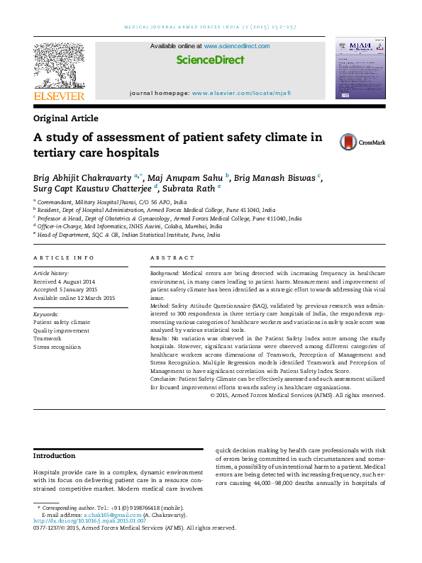 (PDF) A study of assessment of patient safety climate in tertiary care ...