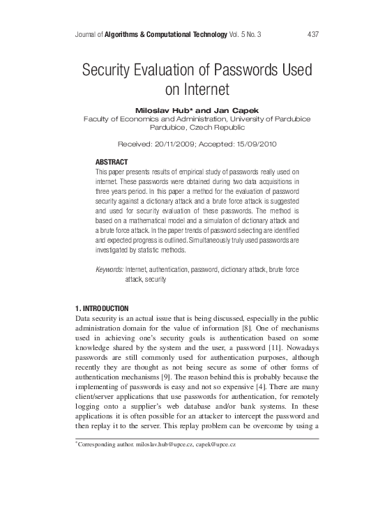(PDF) Security Evaluation of Passwords Used on Internet